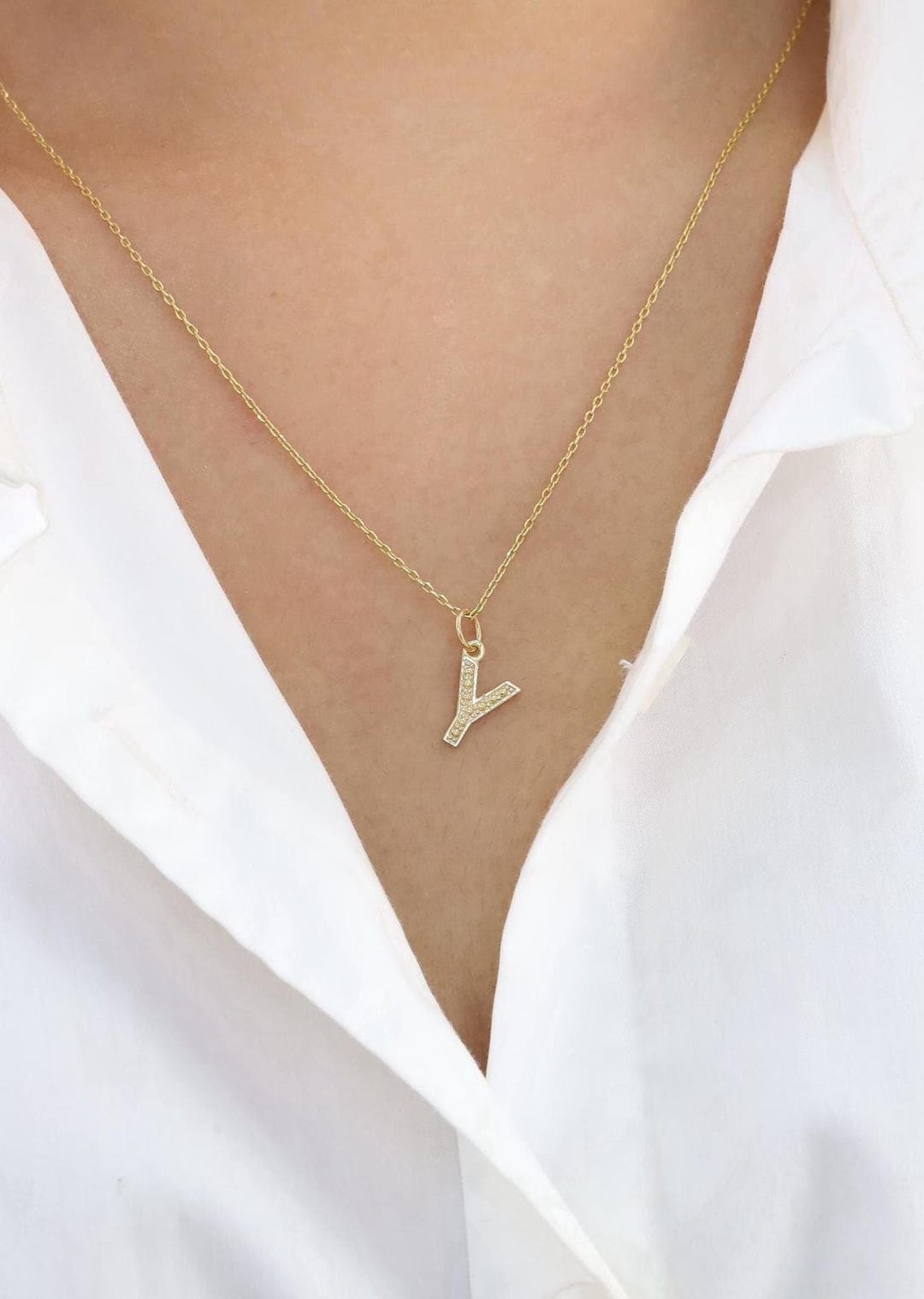 Y Initial Necklace, 14k Solid Gold Letter Necklace, Customized Necklace ...