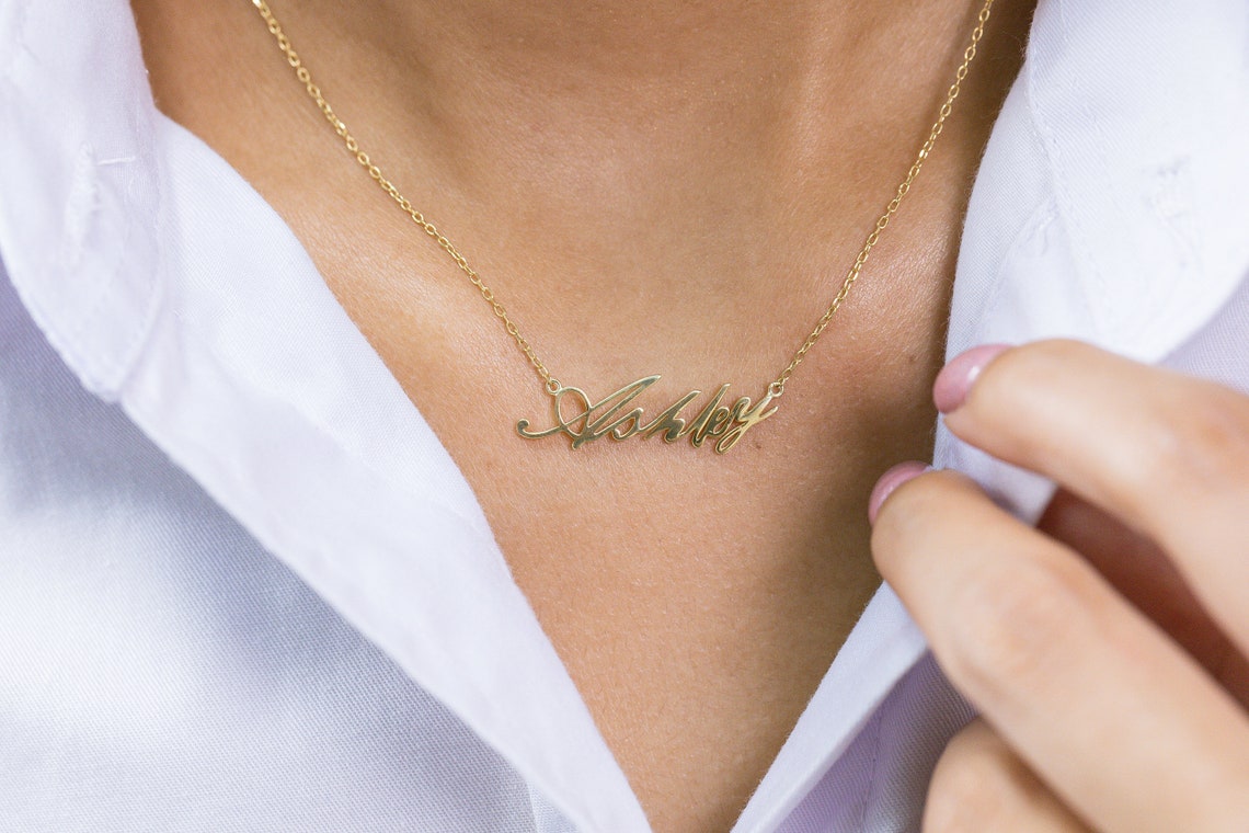 Ashley Name Necklace 14k Solid Gold Nameplate Necklace - Etsy
