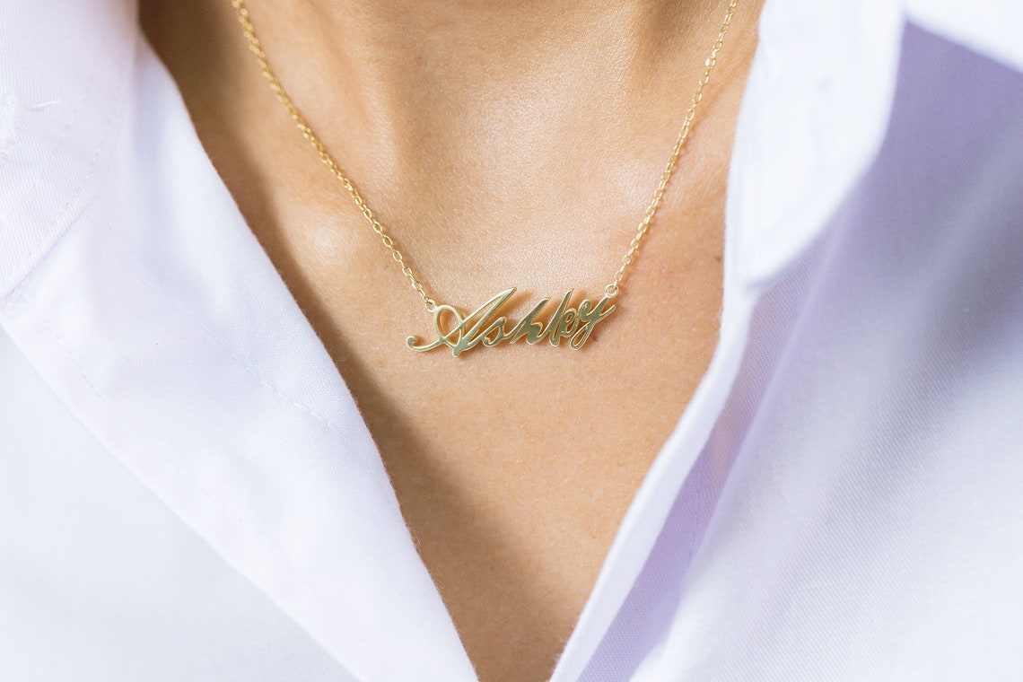 Ashley Name Necklace 14k Solid Gold Nameplate Necklace - Etsy