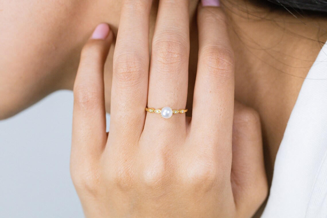 Pearl and Diamond Engagement Ring June Birthstone Ring Pearl - Etsy
