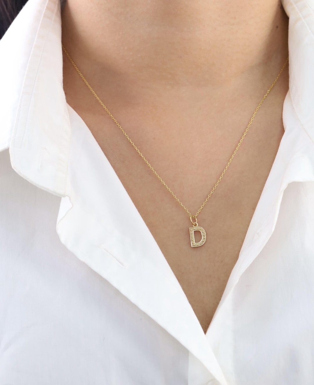 D Initial Necklace, 14k Solid Gold Letter Necklace, Customized Necklace ...