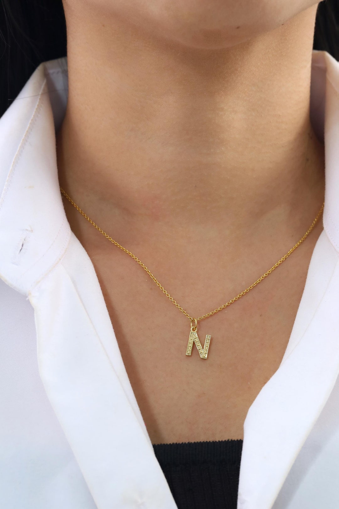 N Initial Necklace, 14k Solid Gold Letter Necklace, Customized Necklace ...