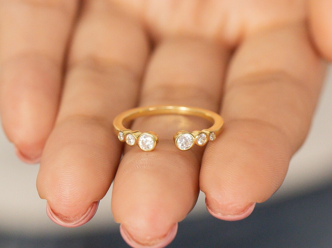 Bezel Set Diamond Open Ring, 14K Solid Gold Open Cuff Diamond Band ...