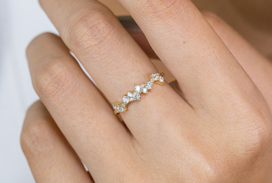 Cluster Diamond Wedding Band, 14k Solid Gold Stacking Ring, Cluster ...
