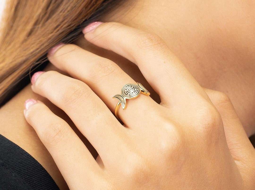 Hecate Moon Ring, 14K Solid Gold Triple Moon Goddess, Hecate's Magic Strophalos Ring, Goddess ...