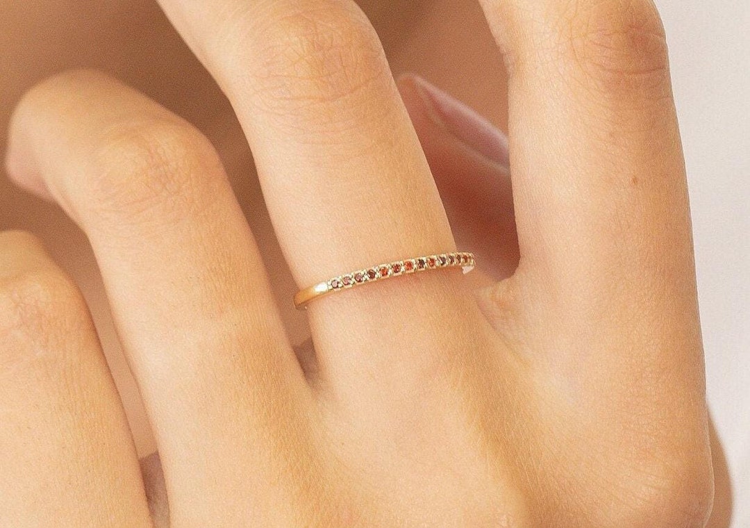 Micro Pave Garnet Wedding Band, 14K Solid Gold Dainty Stackable Band, January Birthstones ...