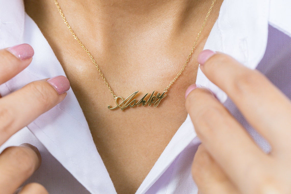 Ashley Name Necklace 14k Solid Gold Nameplate Necklace - Etsy