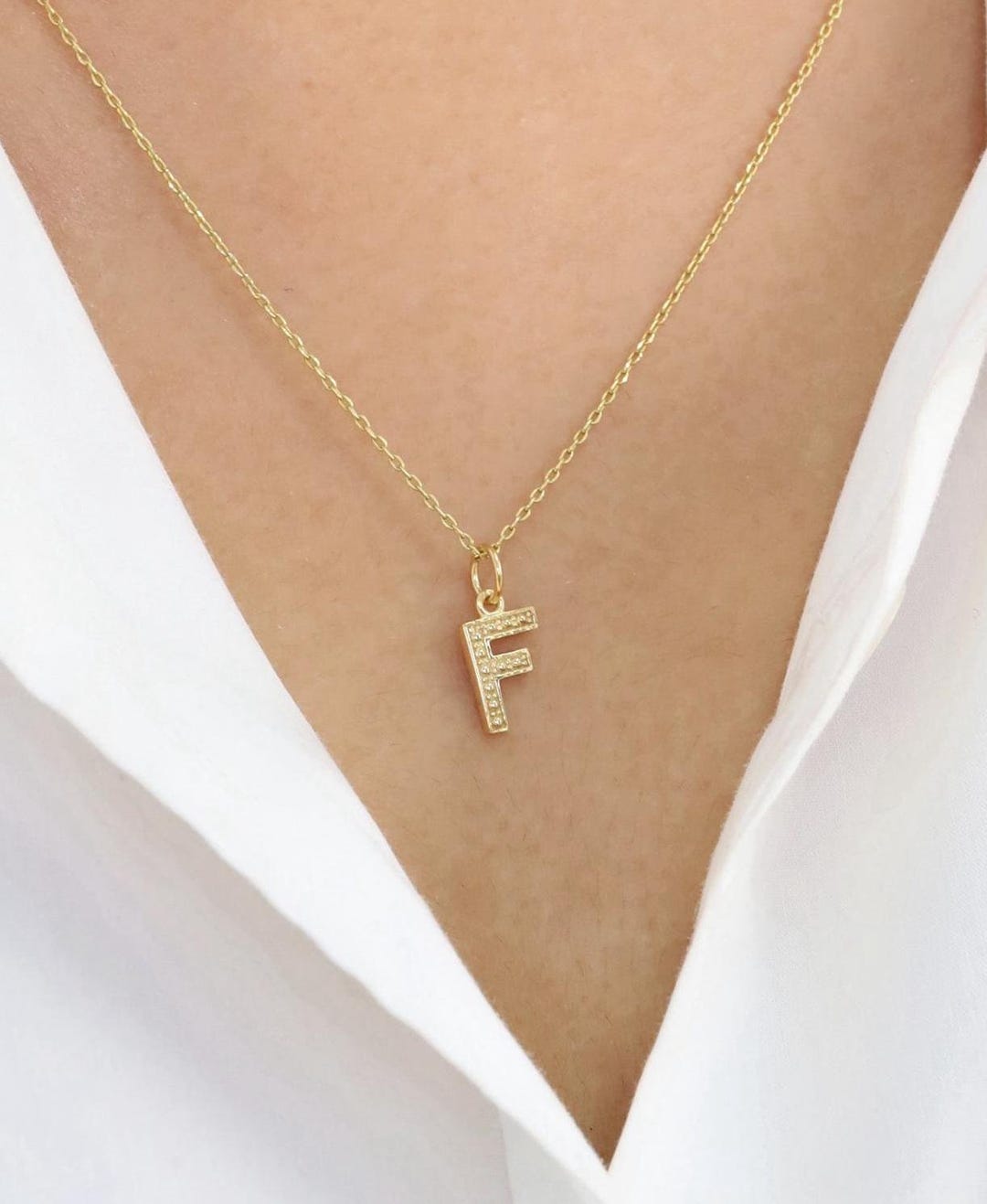 F Initial Necklace, 14k Solid Gold Letter Necklace, Customized Necklace ...
