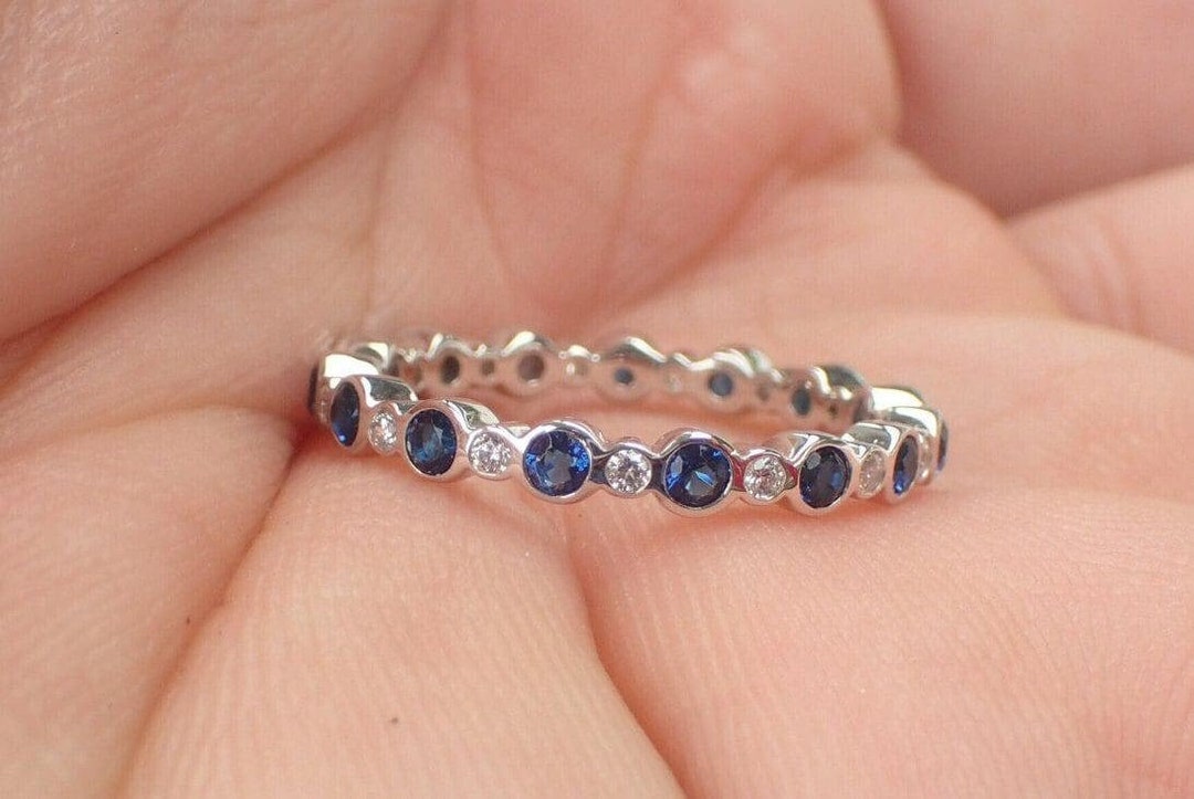 Blue Sapphires and Diamonds Wedding Band, Solid Gold Full Eternity Band ...
