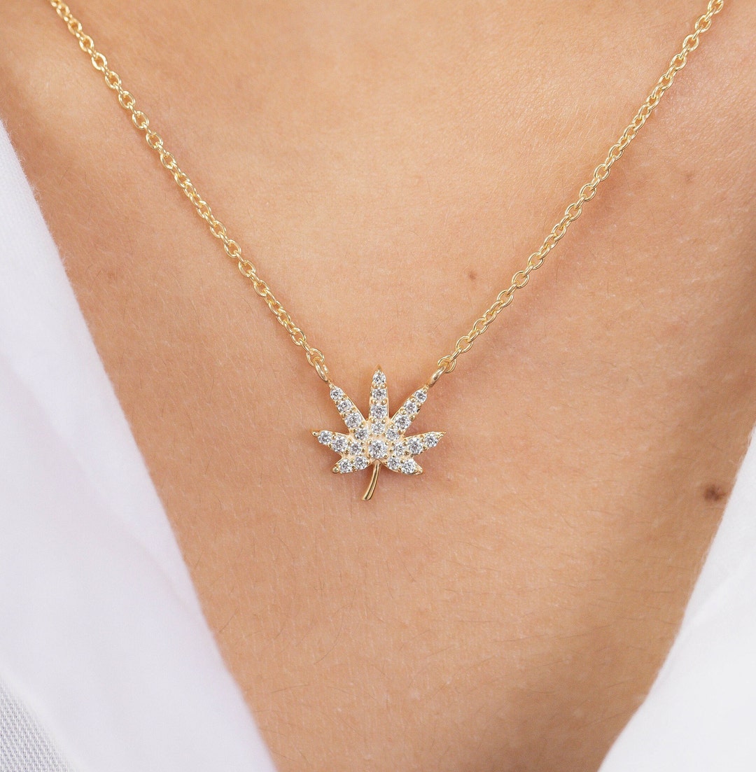 Diamond Marijuana Leaf Necklace, 14K Solid Gold Cannabis Leaf Necklace ...