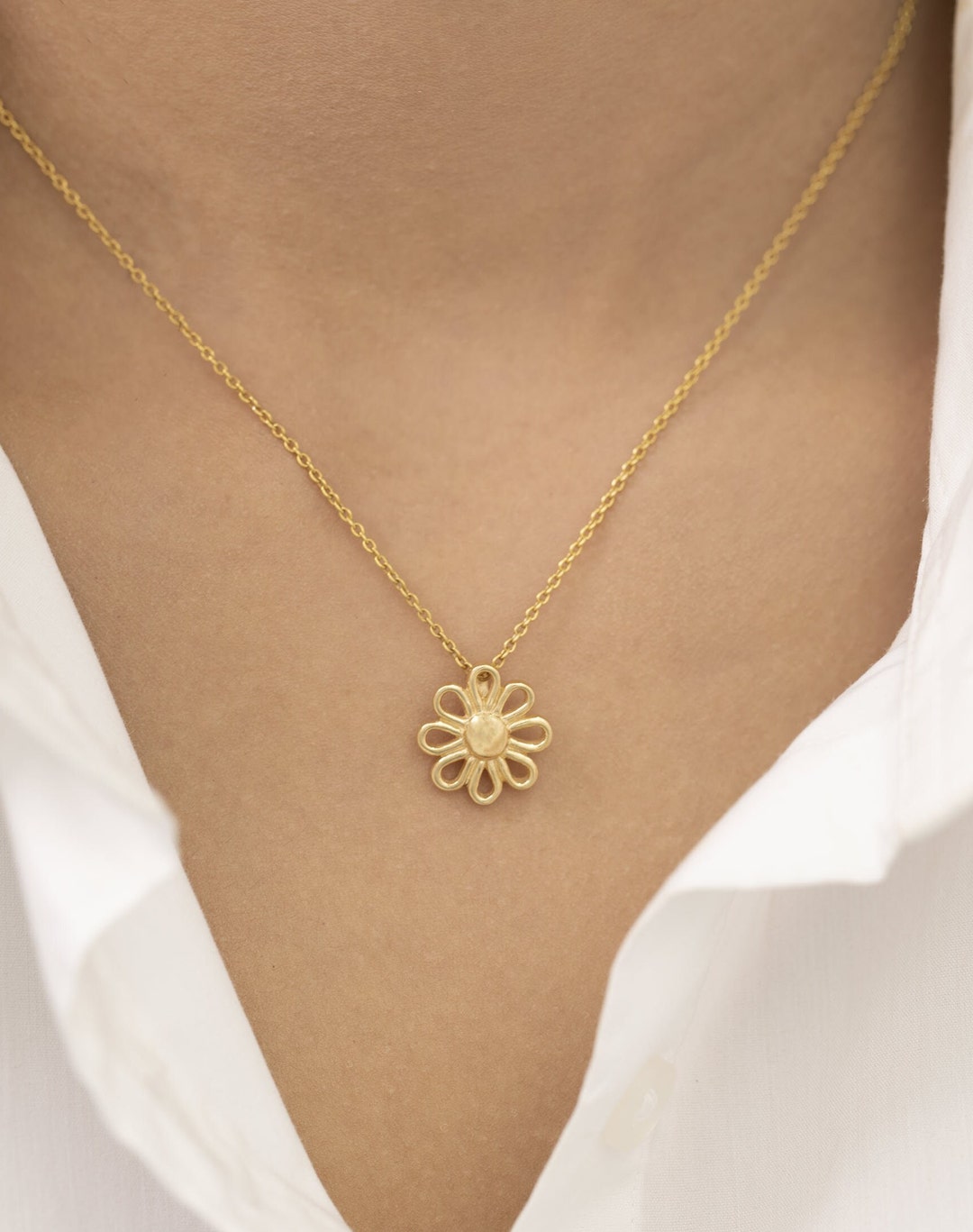 Daisy Flower Pendent Necklace, 14k Solid Gold Flower Necklace ...