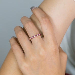 Natural Ruby Wedding Band, 14K Solid Gold Ruby Engagement Ring, Full Eternity Diamond Wedding ...