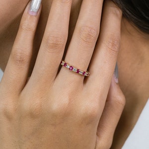 Natural Ruby Wedding Band, 14K Solid Gold Ruby Engagement Ring, Full Eternity Diamond Wedding ...
