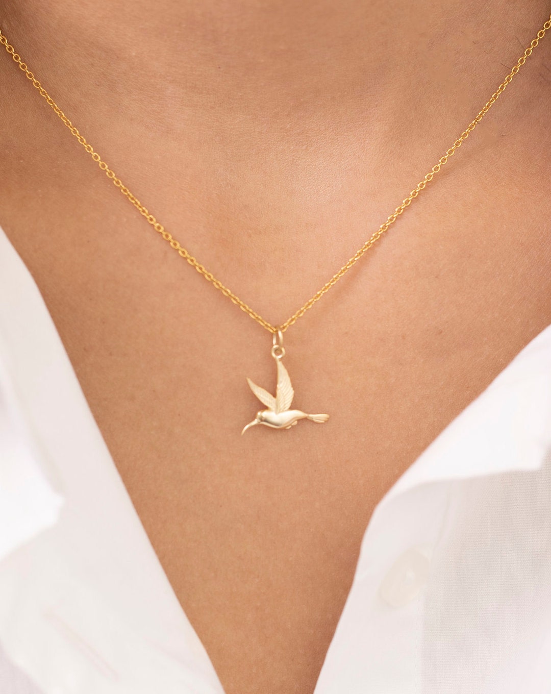 Humming Bird Pendent Necklace, 14k Solid Gold Dainty Bird Necklace ...