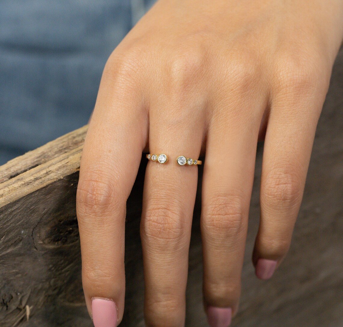 Bezel Set Diamond Open Ring 14K Solid Gold Open Cuff Diamond - Etsy