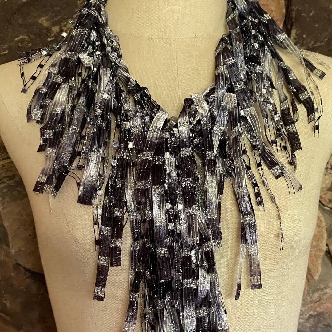 Black and Silver Scarf for Women, Fabric Necklace, Ribbon Scarf ...