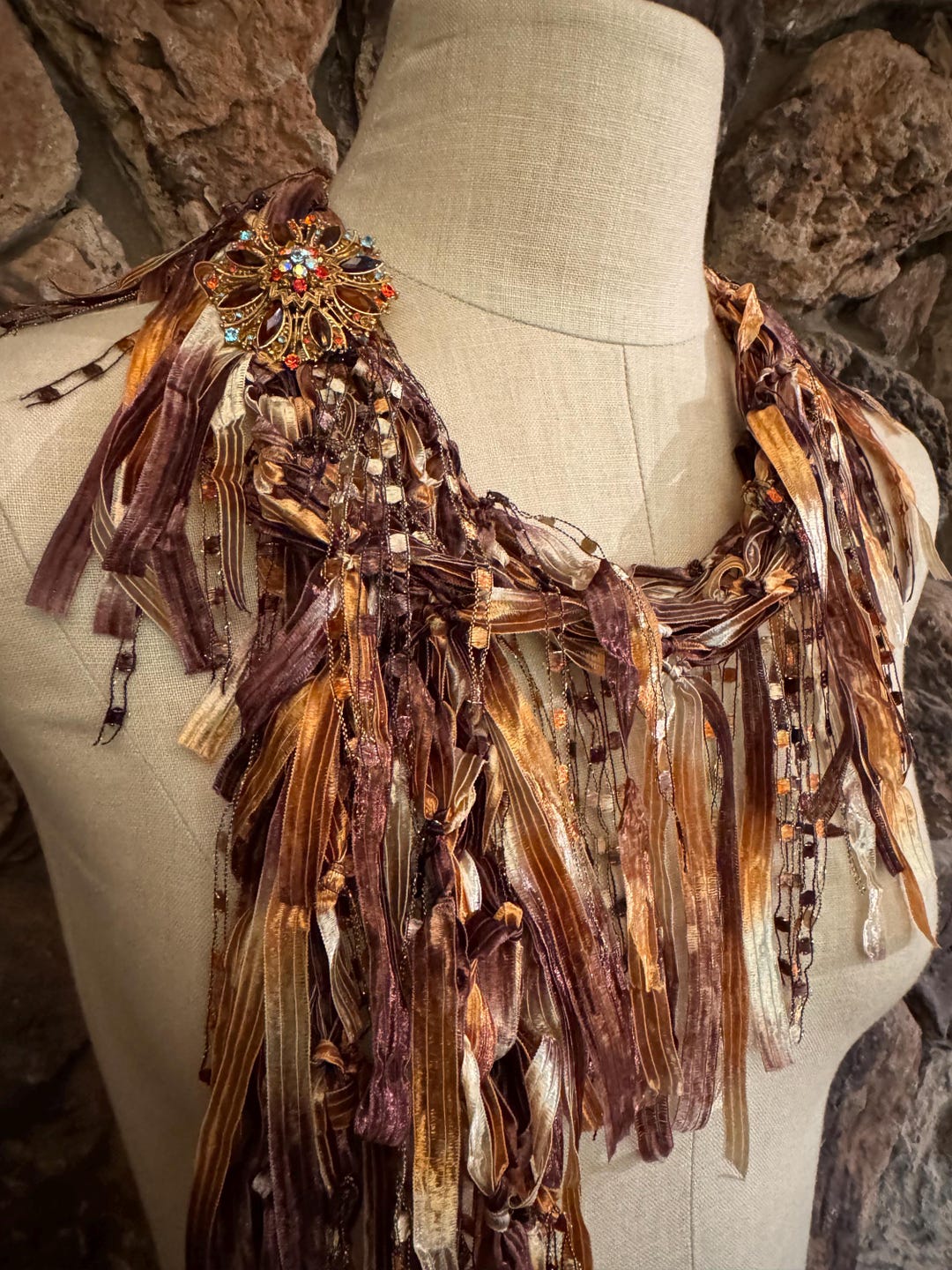 Brown Fringe Scarf for Women, Fabric Necklace for a Dress, Timeless ...