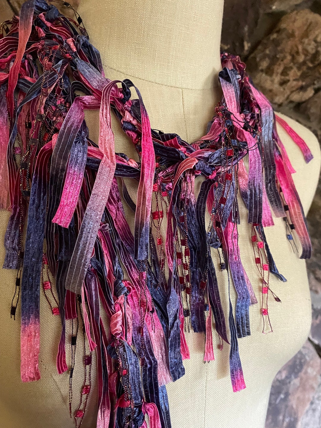 Pink and Navy Blue Scarf for Women, Fabric Scarf Necklace, Lightweight ...