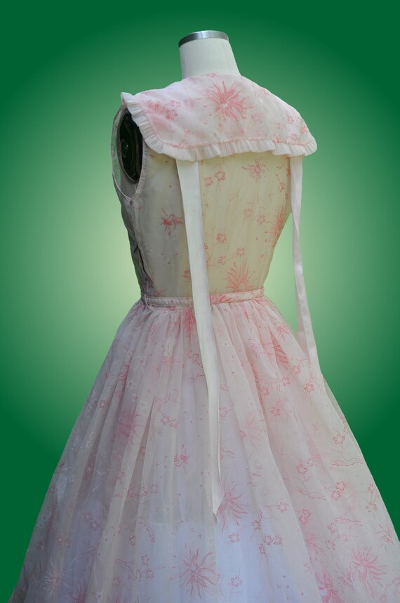 Vintage 1940s 1950s Sheer Flocked Pink Party Dress Gem