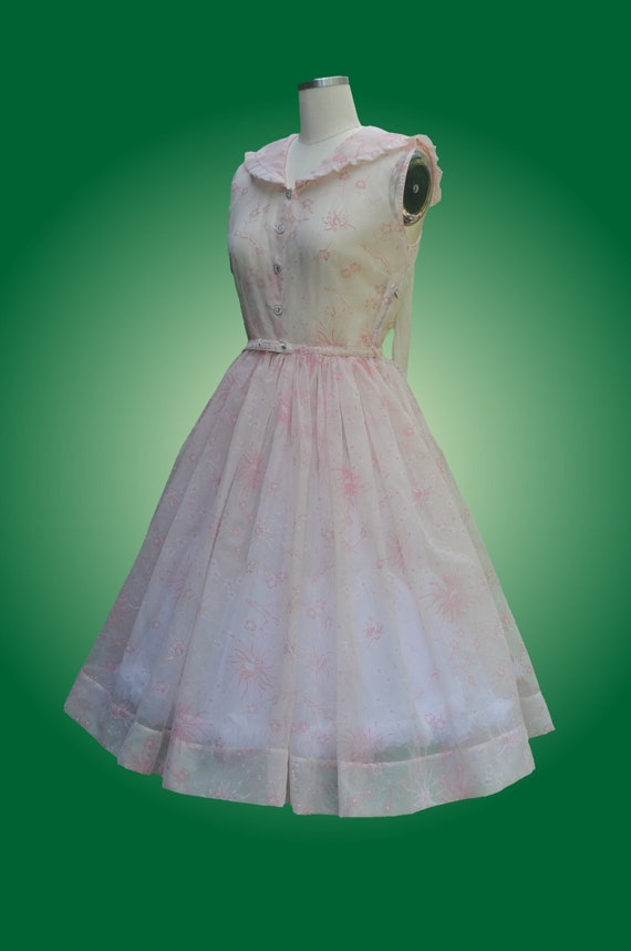 Vintage 1940s 1950s Sheer Flocked Pink Party Dress Gem