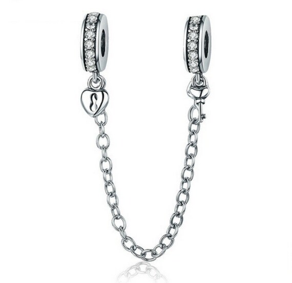 Sterling Silver Padlock And Key Safety Chain For Bracelet With CZ Fit Women Charms Bracelet Silver Safety Chain Padlock Charm Jewelry