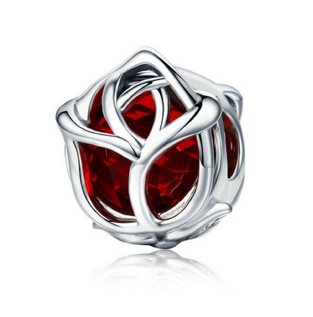Romantic Rose Flower, Red Crystal Charm Bead 925 Sterling Silver Fit ...