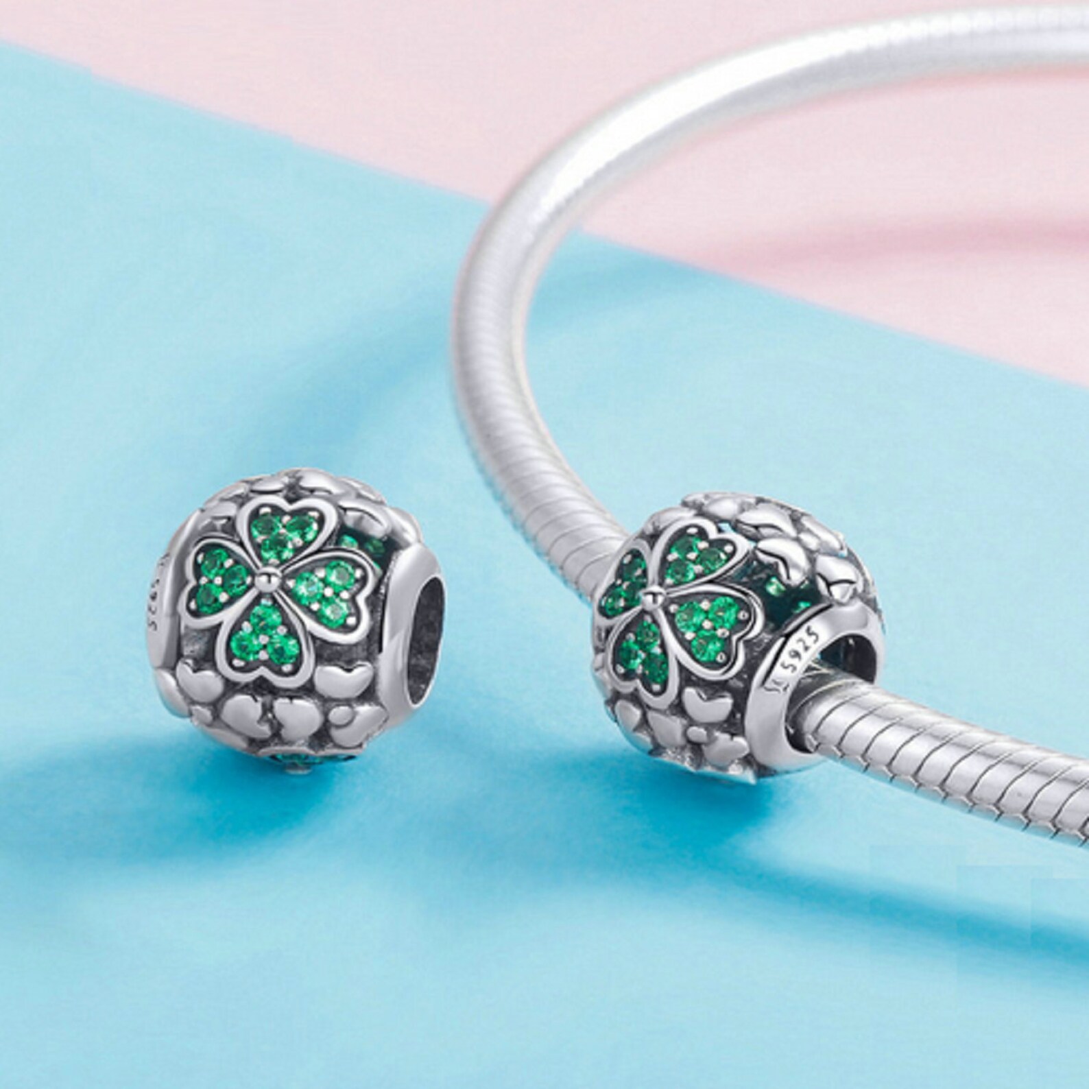 Shamrock Flower Green Crystal Beads Charm 100% 925 Sterling - Etsy