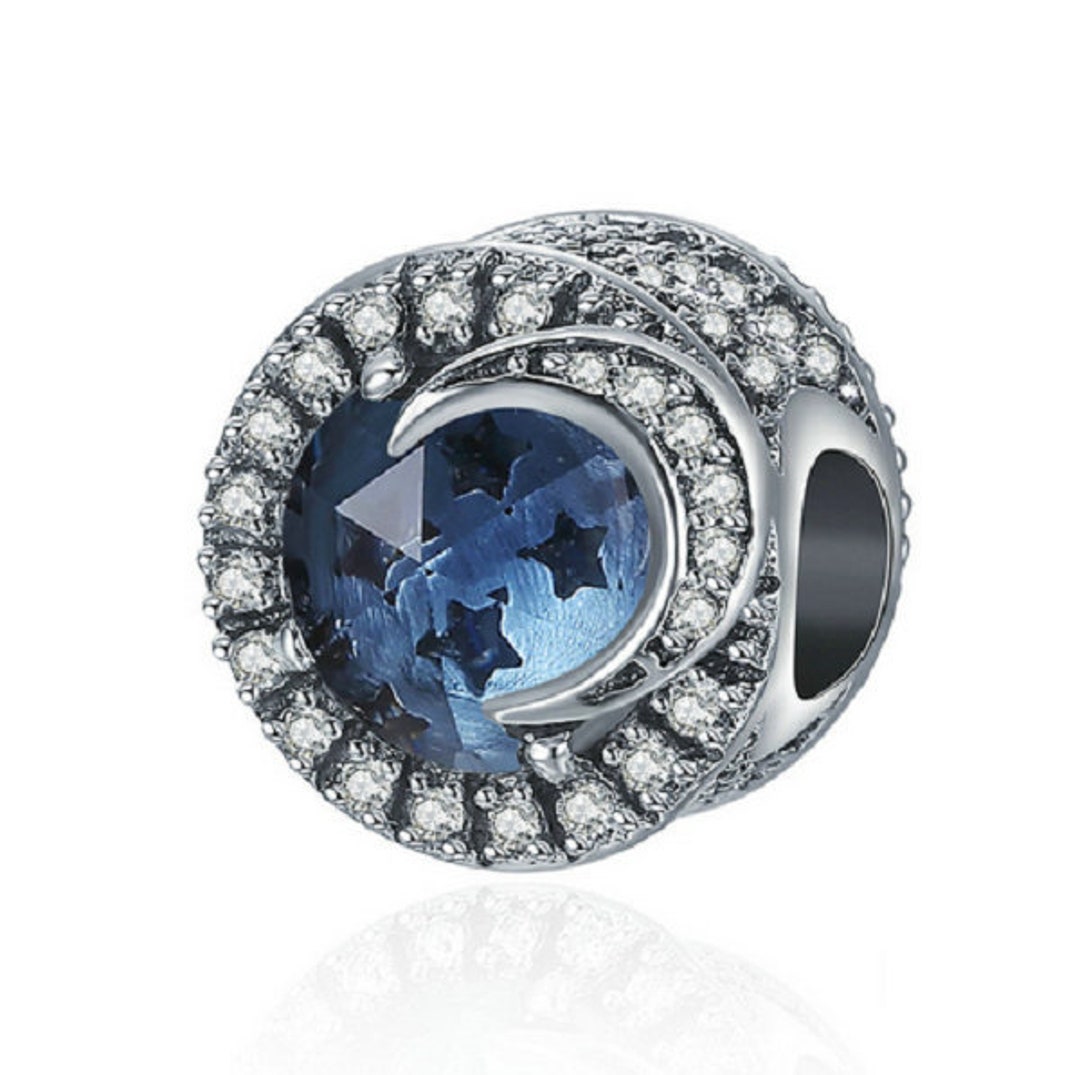 Sky Blue Clear CZ Moon and Star Beads Charm 925 Sterling Silver Fit for ...