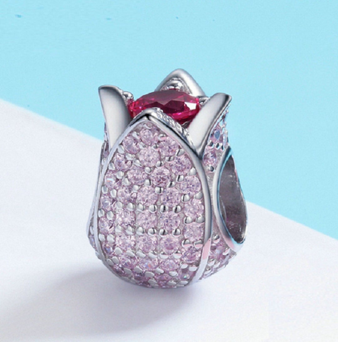 Pink Tulip Flowers Beads Charm 925 Sterling Silver Fit for Authentic ...