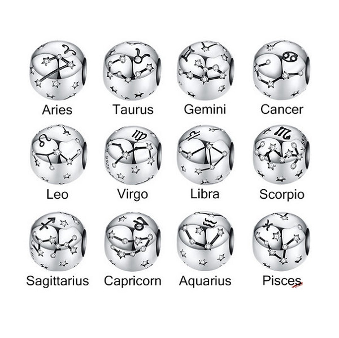 Star Sign Zodiac Bead Charms Twelve Constellations Bead 925 Sterling ...