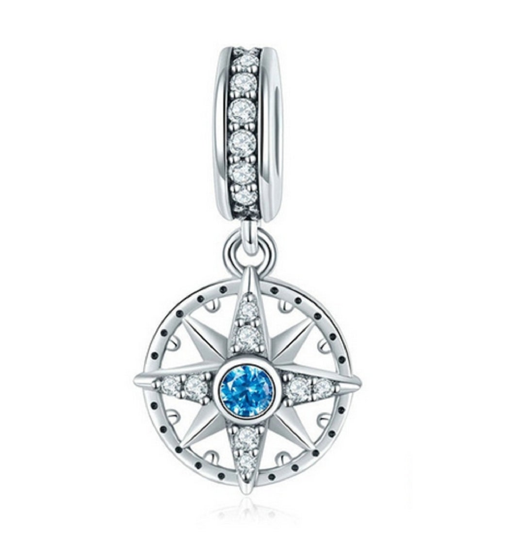 Brújula azul CZ Beads Charm 925 Sterling Silver apto para auténticos ...