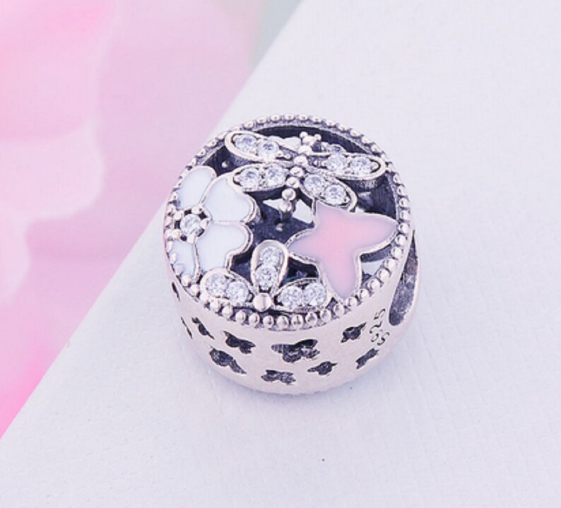 Spring Time Pink Enamel CZ Beads Charm 100% 925 Sterling - Etsy