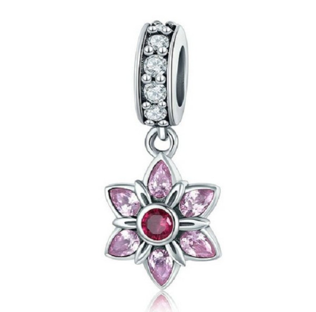 Pink Crystal Spring Flower Pink CZ Pendant Beads Charm 925 Sterling ...