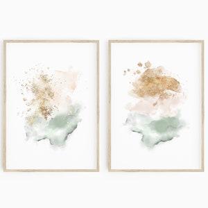 Pink Blush and Gold Abstract Printables, Watercolor Print Set, Pastel ...