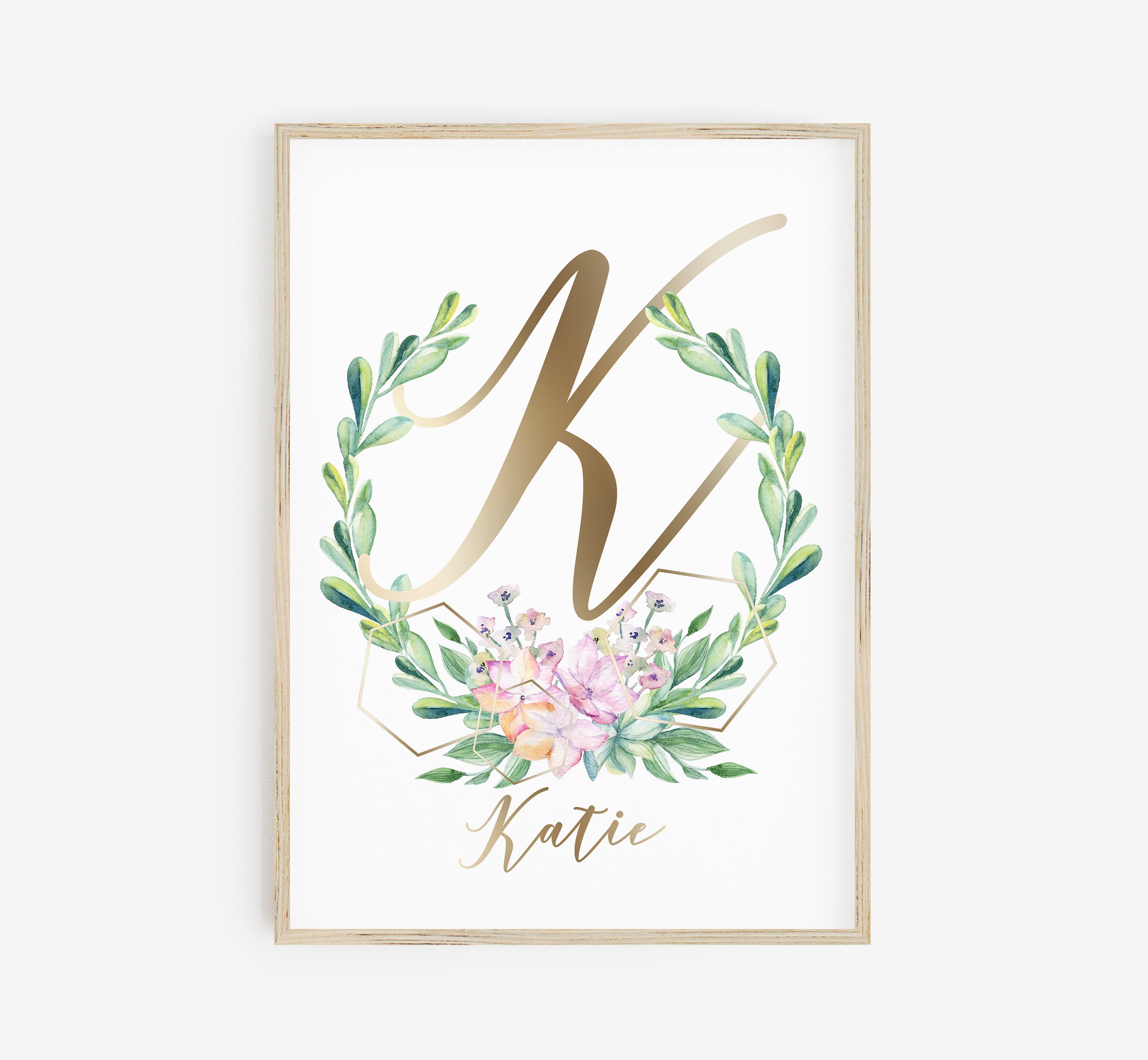 Custom Pink and Green Floral Monogram Printable Personalized | Etsy