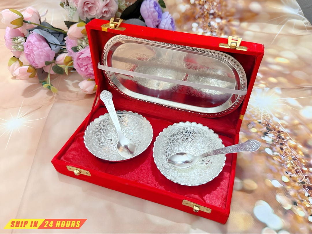 German Silver Bowl Set- 2 Bowls 2 Spoons & Tray Set in Red Velvet Box ...