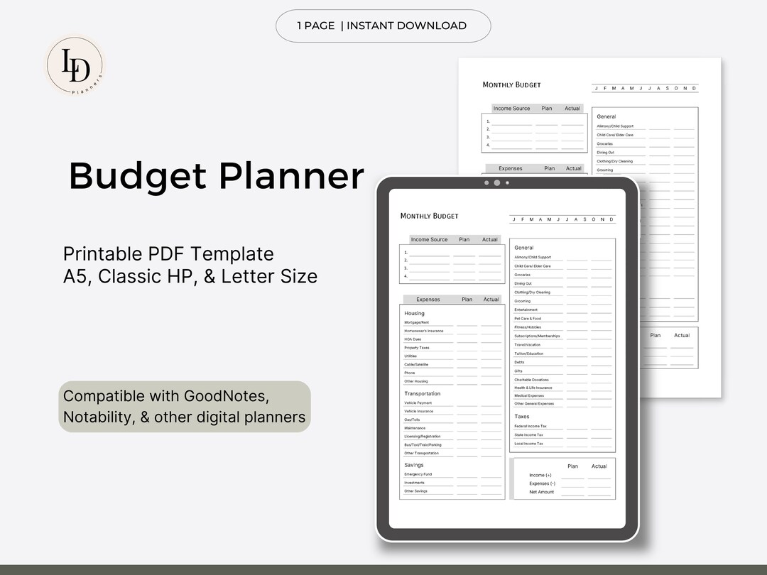 Monthly Budget, Financial Planner Insert (printable PDF Template) - Etsy