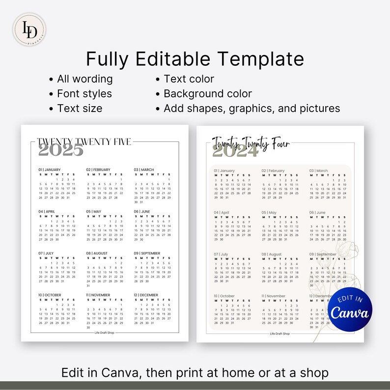 2025 Minimalist Year at a Glance, Dated Calendar Full-year Overview ...