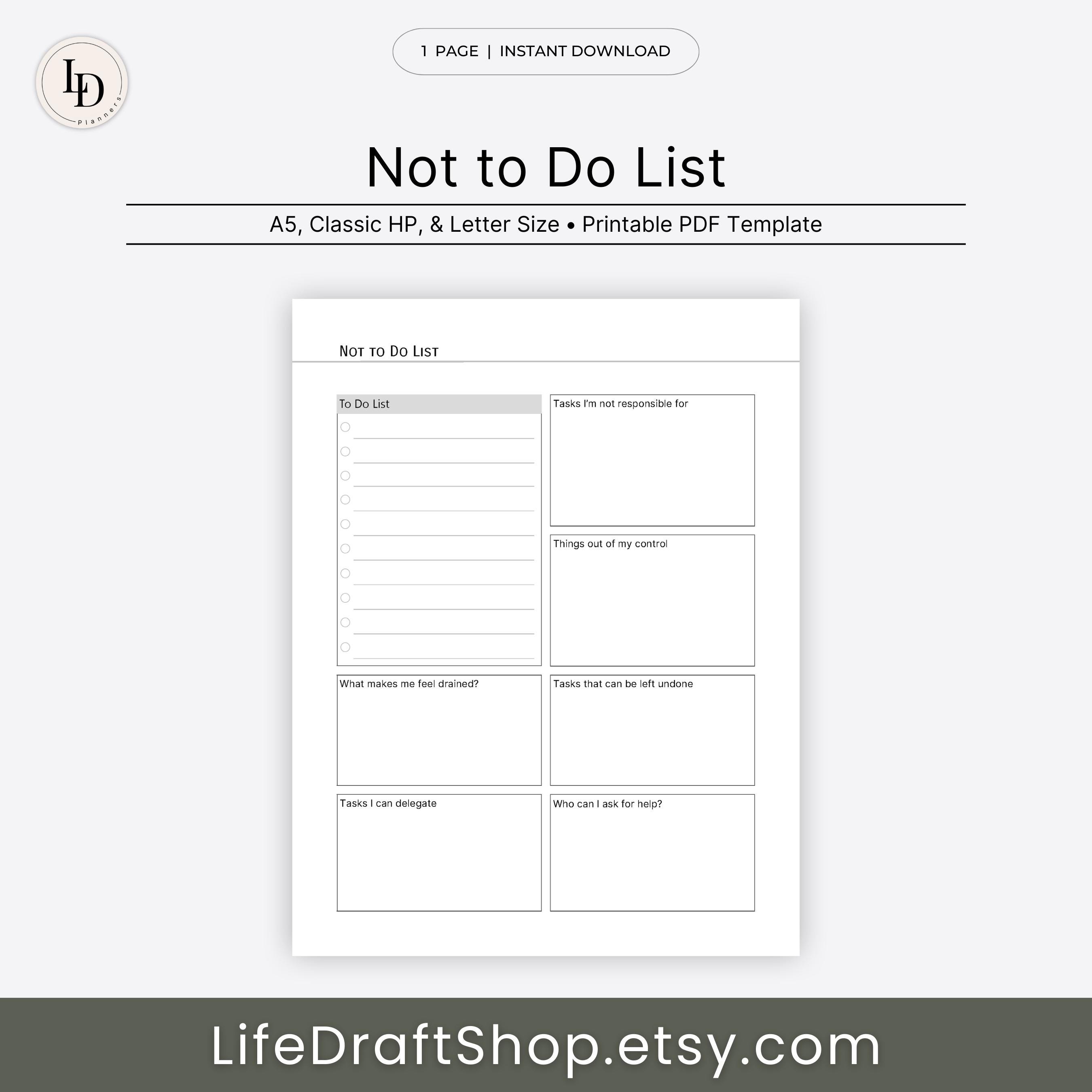 Not to Do List, Planner Insert (printable PDF Template) - Etsy