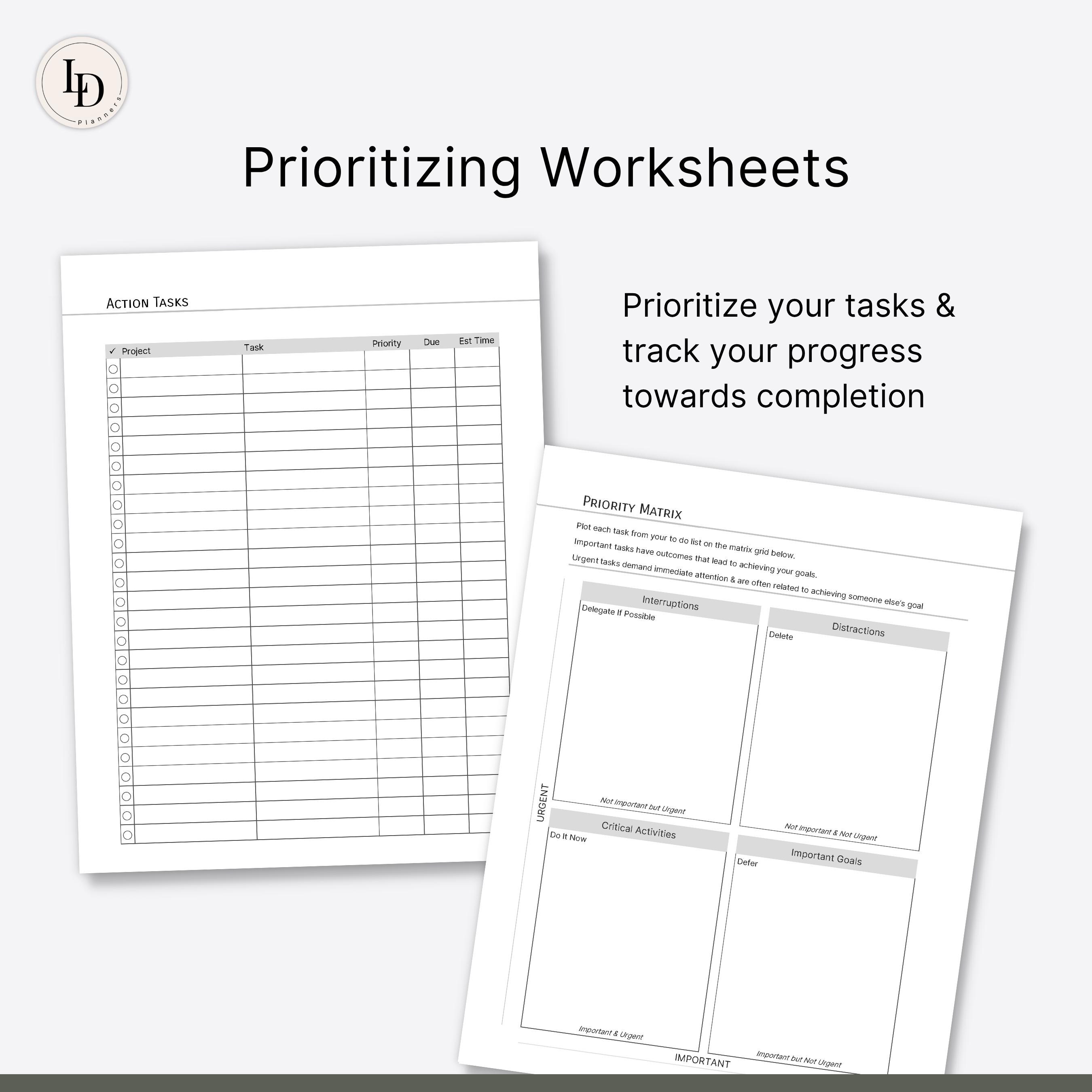Prioritizing Worksheets, Time Management Digital Planner Inserts ...