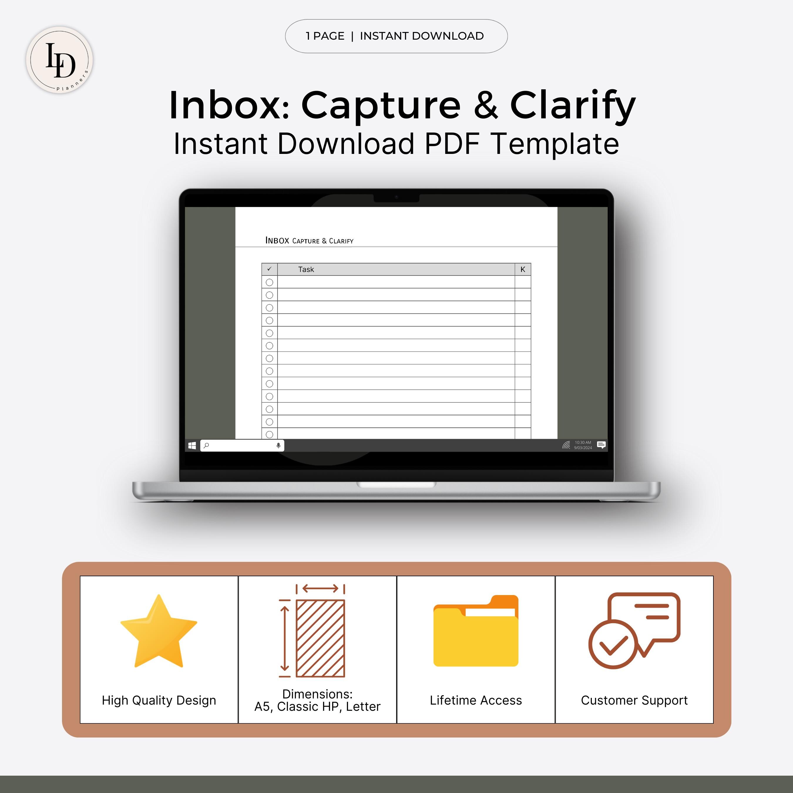 Inbox: Capture & Clarify, GTD Inspired Planner Inserts (printable PDF ...