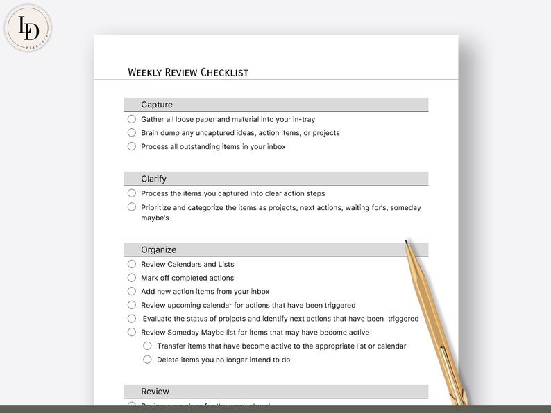 GTD Inspired Weekly Review Checklist, Productivity Planner printable ...