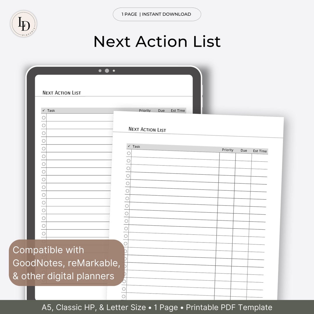 Next Action List, GTD Inspired to Do Checklist | Digital Planner ...