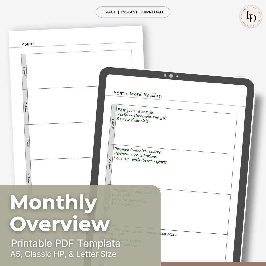 Monthly Overview, Digital Planner Insert (printable PDF Template) - Etsy