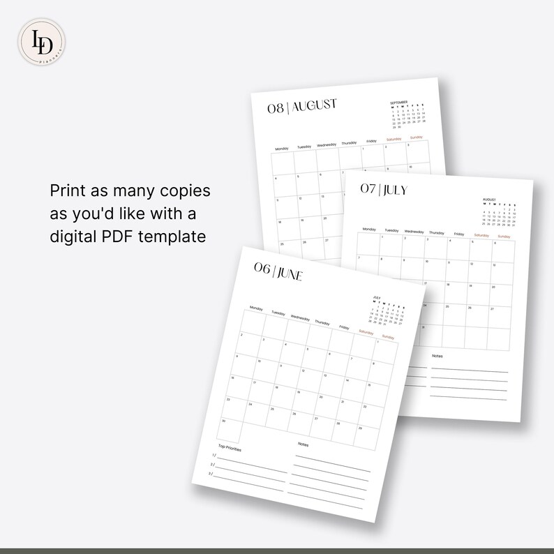 2025 Minimalist Monthly Planner, Dated Monday & Sunday Start Calendar ...