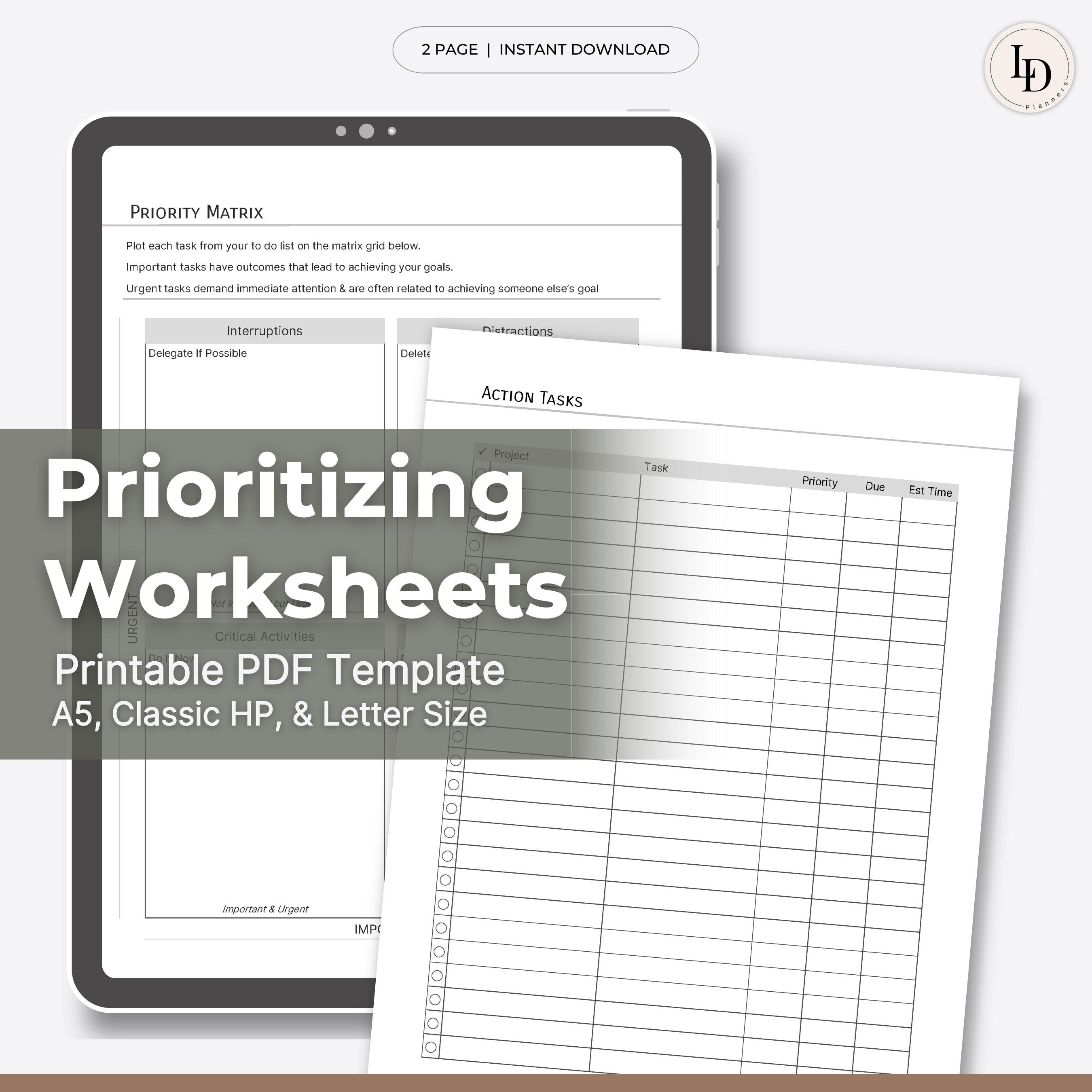 Prioritizing Worksheets, Time Management Digital Planner Inserts ...