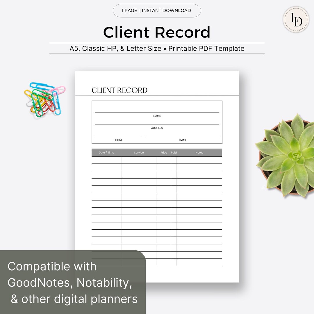 Client Record Small Business CRM System Digital Planner Insert Instant ...