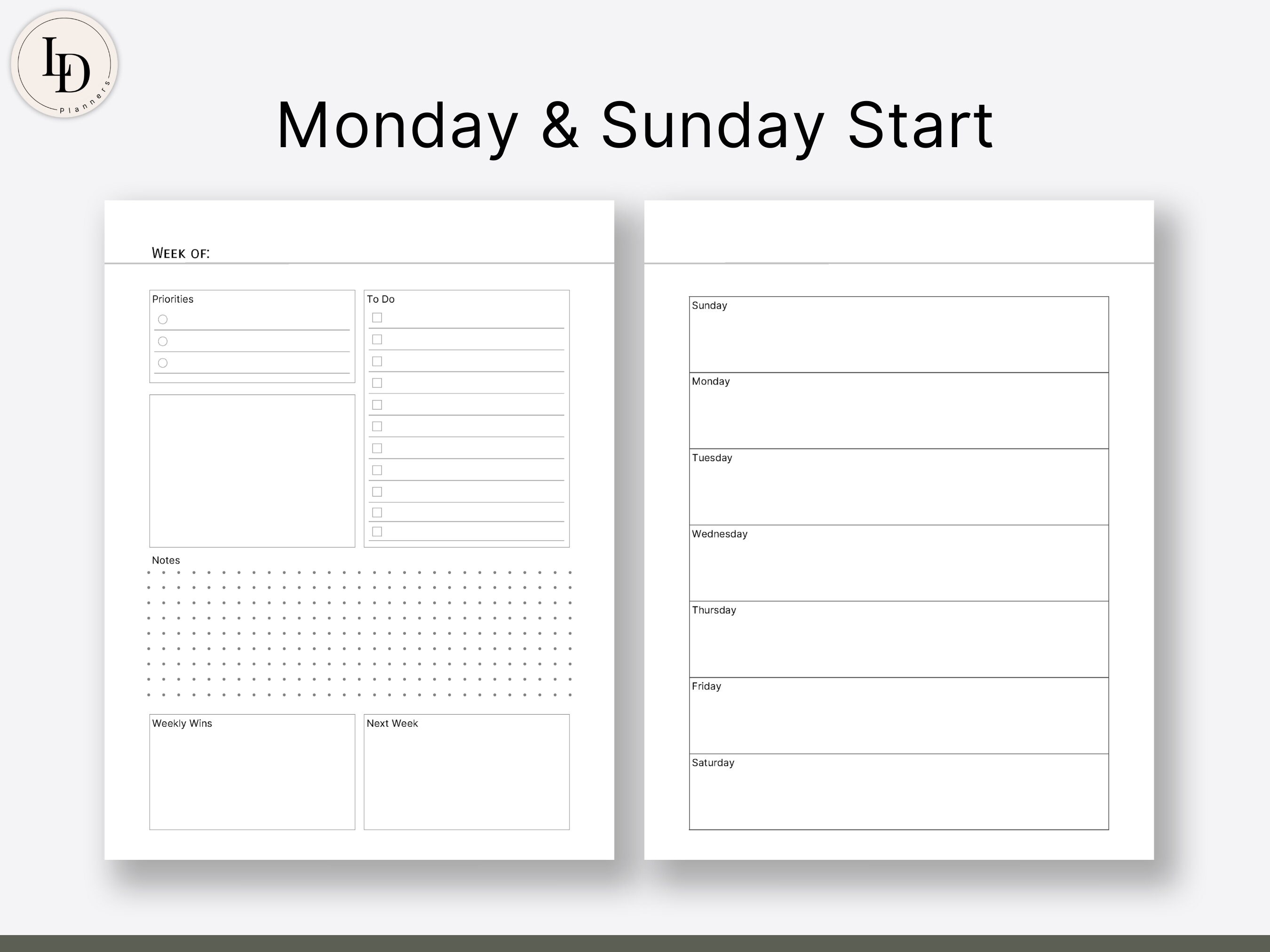 Weekly Planner Inserts, 2 Page Dashboard Spread printable PDF Template ...