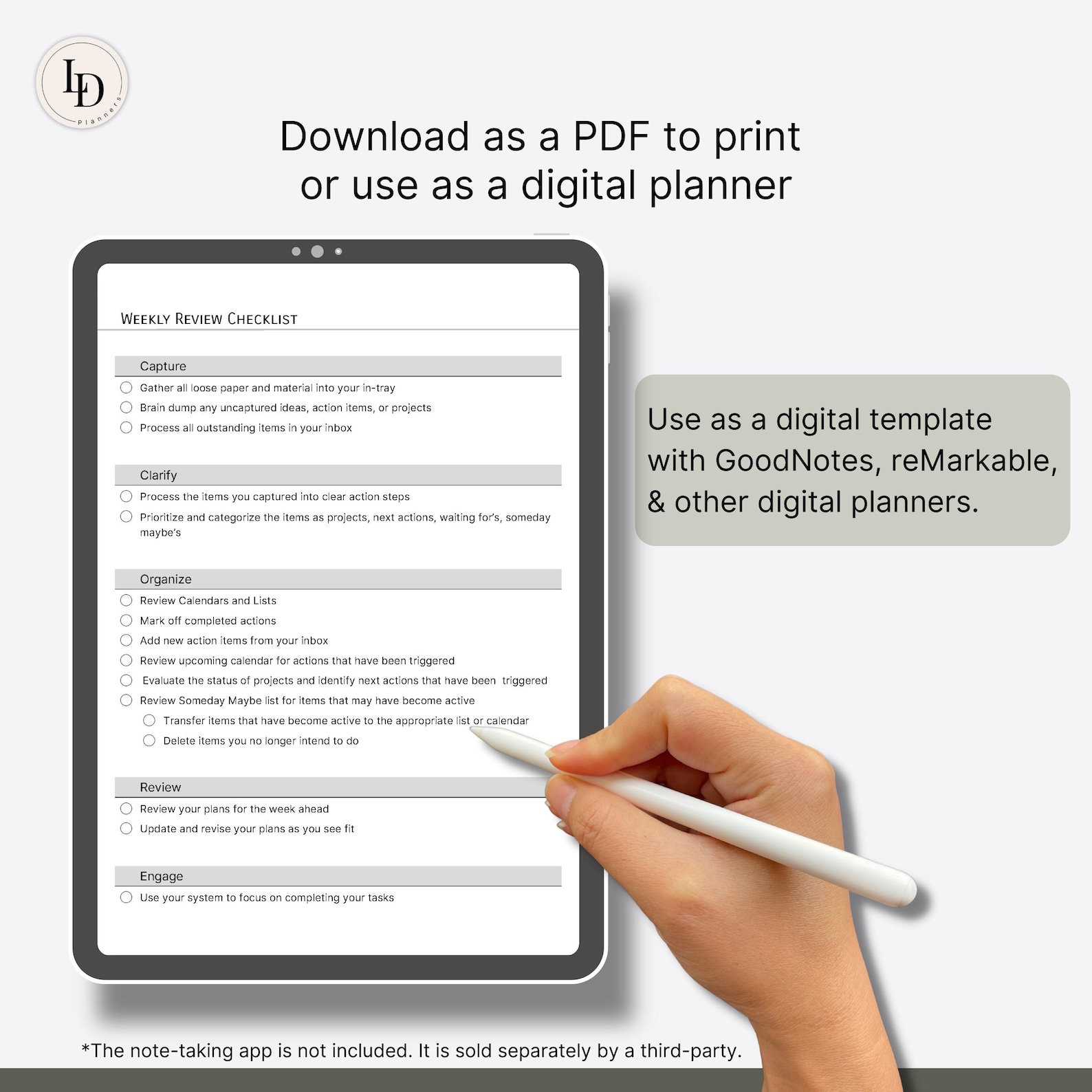 GTD Inspired Weekly Review Checklist, Digital Planner Insert (printable ...