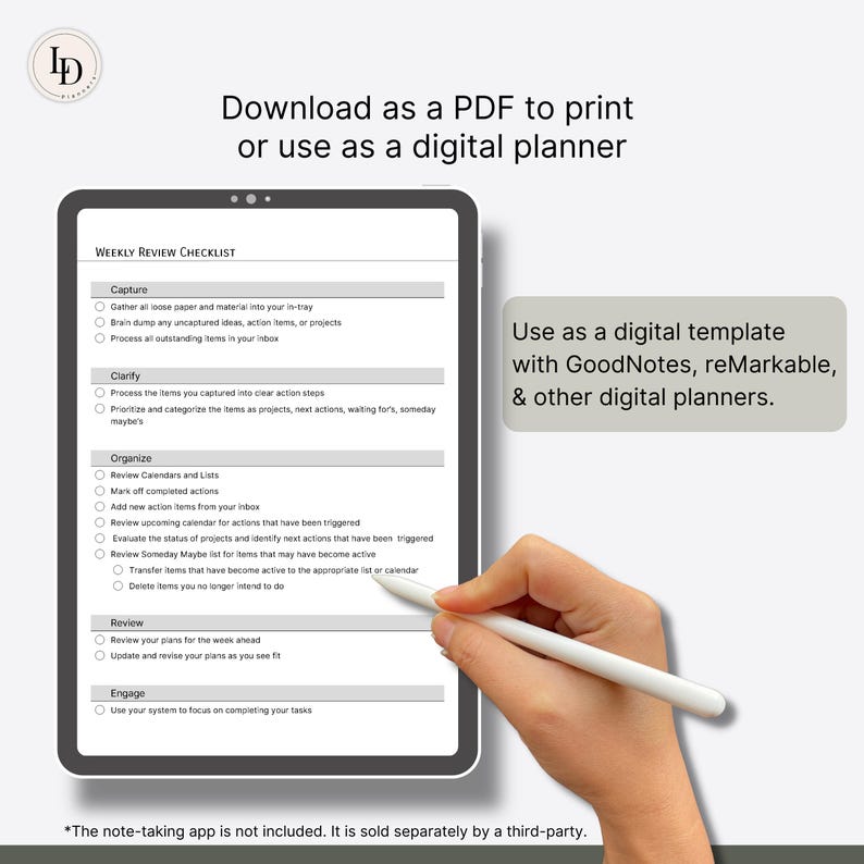 GTD Inspired Weekly Review Checklist, Digital Planner Insert (printable ...